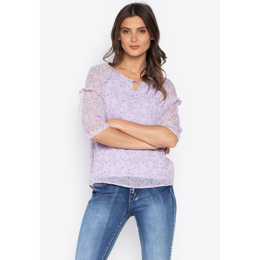 Krizia Printed V-Cut Blouse with Sleeve Ruffle | Shopee Philippines