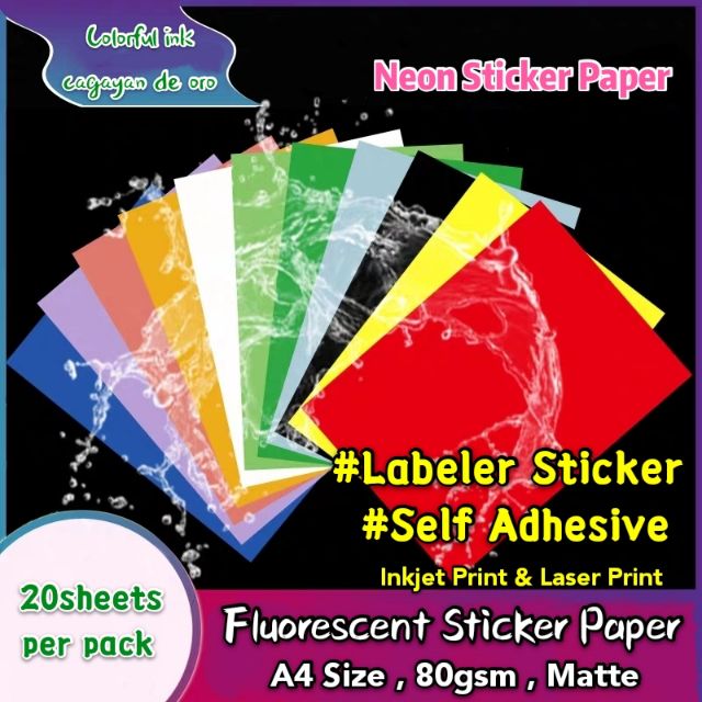 (20pcs)Neon Colour Sticker Paper A4/80gsm/Matte For Inkjet Printer ...