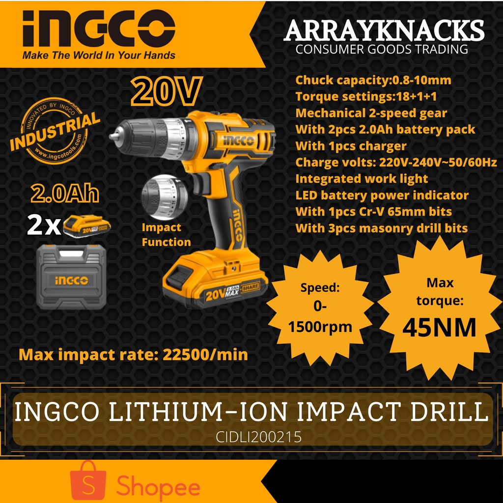INGCO Lithium-ion Cordless Impact Drill 20V (CIDLI200215) CORDLESS ...