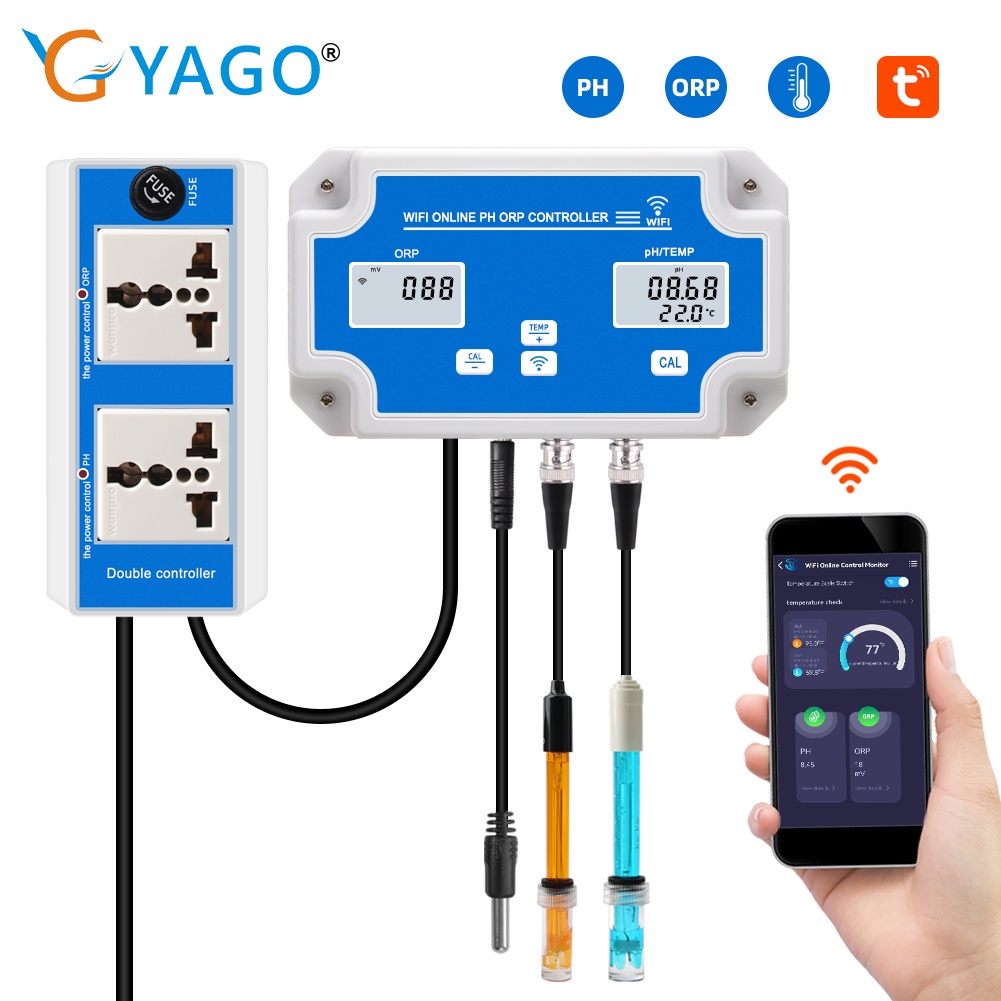 YAGO Smart pH ORP Meter, 3 in 1 Wifi pH ORP Temperature Tuya Controller Monitor, Output Power ...