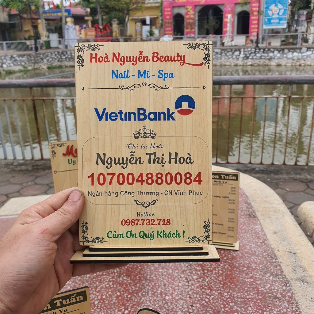 Wooden bank account number board - Wooden desk payment scanning QR Code ...