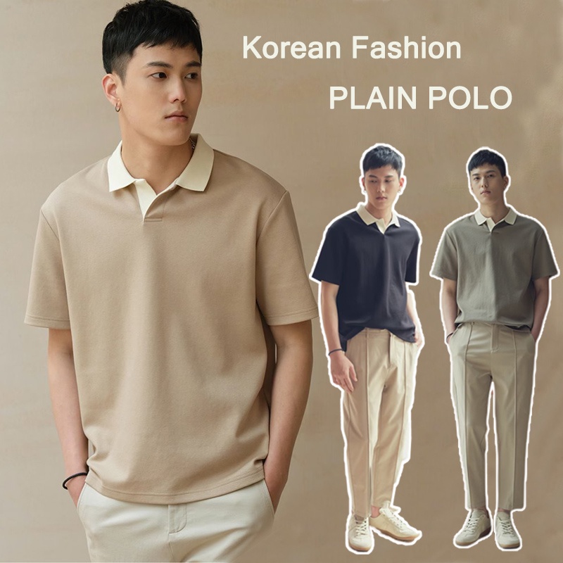 Korean Fashion Casual Plain Polo Shirt Men Loose Contrast Color Lapel ...