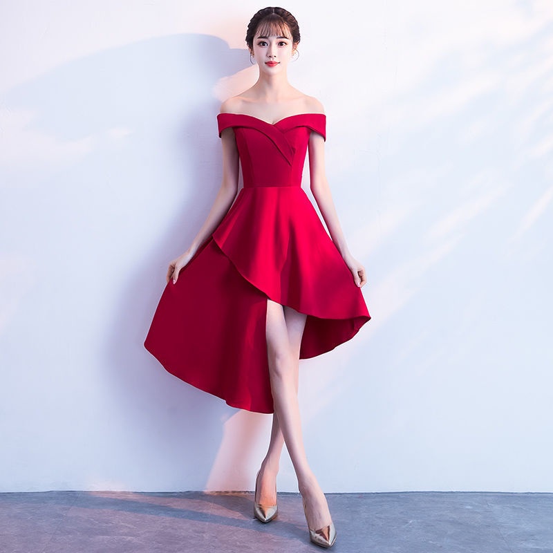 Off Shoulder Plain Bride Toast Dress Elegant Ladies Irregular Design ...