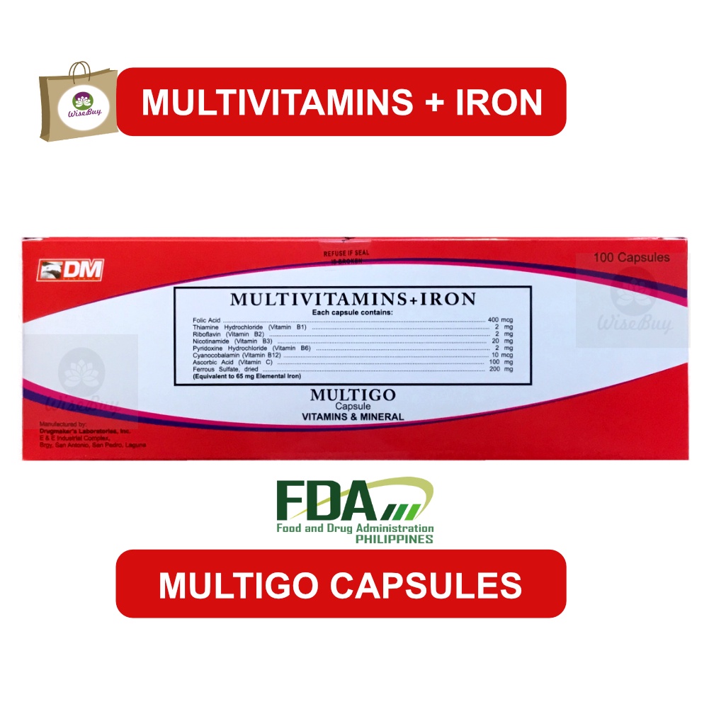 MULTIGO MULTIVITAMINS VITAMIN B COMPLEX + IRON + FOLIC ACID 100 CAPSULES 100 % AUTHENTIC ...
