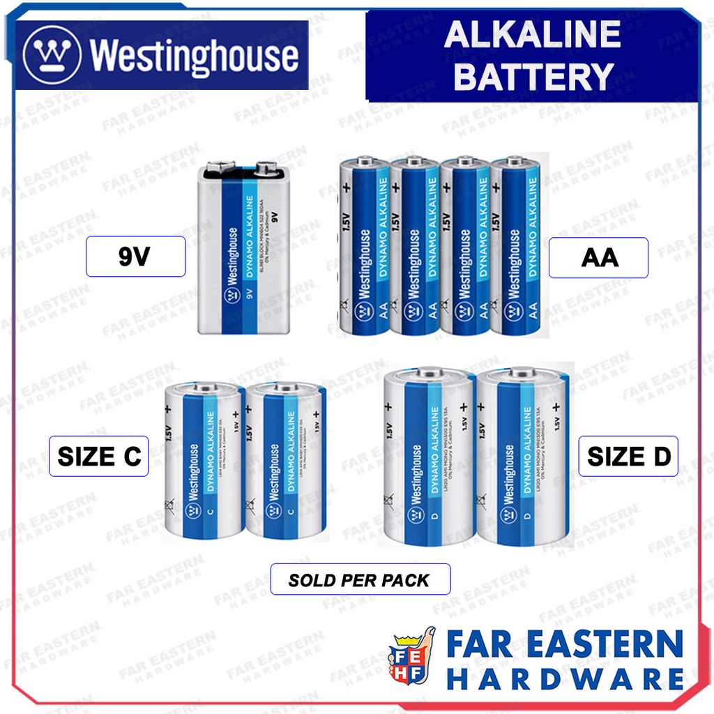 WESTINGHOUSE Alkaline Battery Dynamo Batteries Double AA Size C D 9V ...