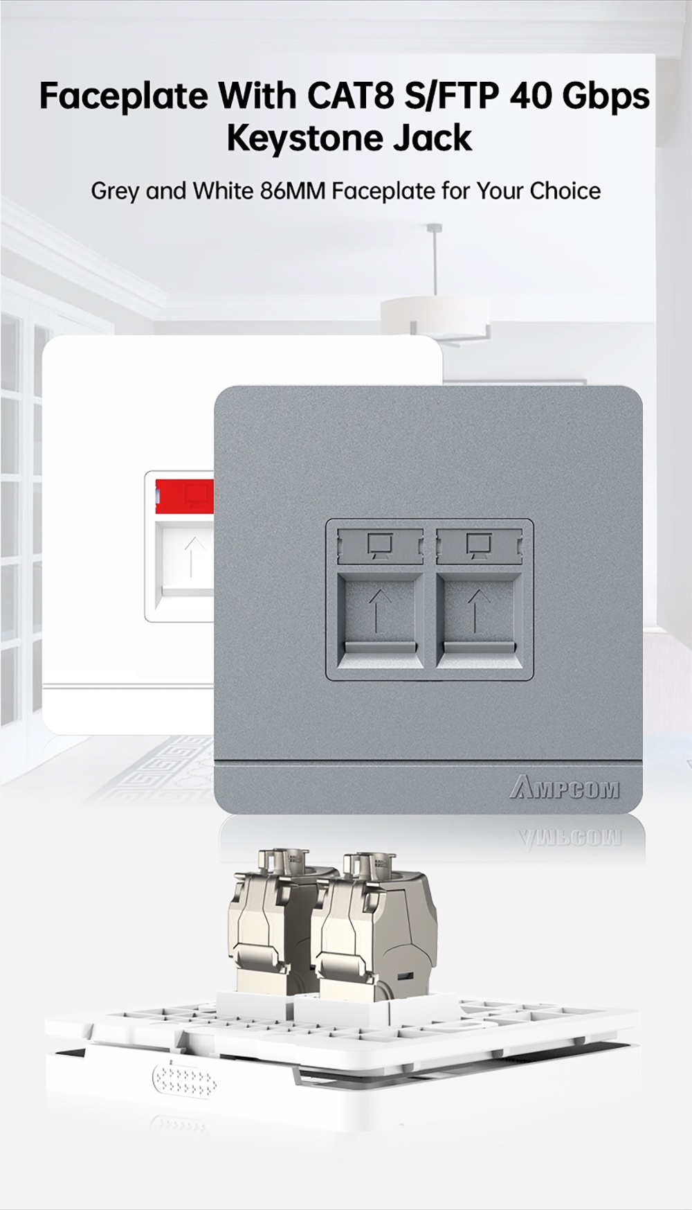 AMPCOM Panel Kit, Wall Faceplate with CAT8 40Gbps STP Keystone Jack ...