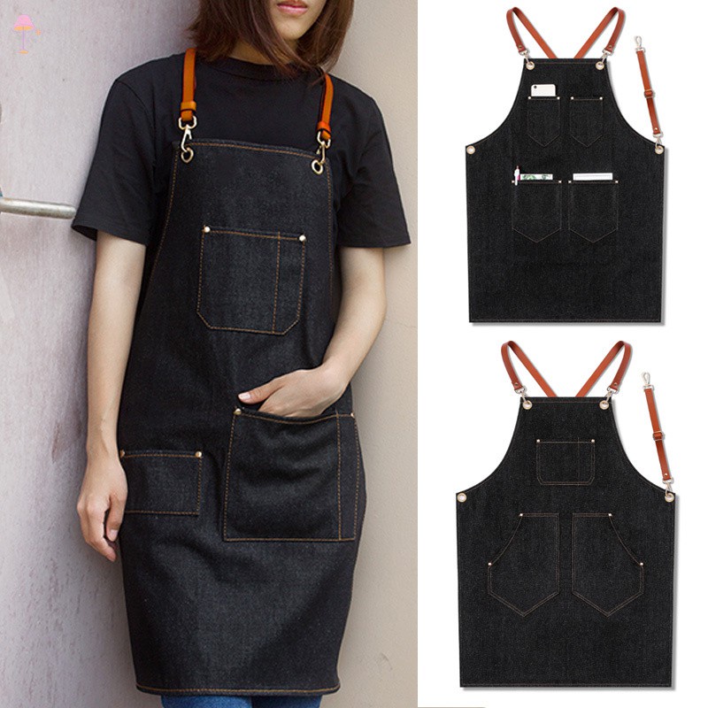 Denim Apron Strap Bib Apron Barista Bartender BBQ Chef Uniform Workwear ...