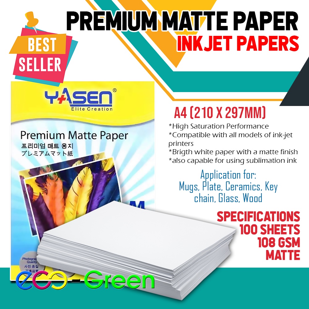 Yasen Premium Matte paper Inkjet Paper 108 GSM A4 / Sublimation Paper ...