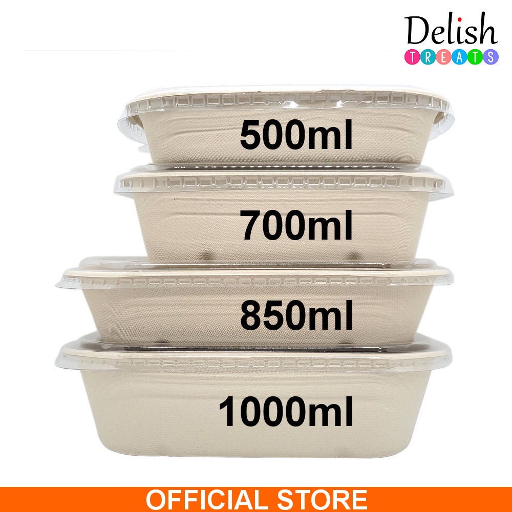 Delish Treats Organic Bagasse Oval Takeout Container with Clear Plastic Lid - Pack of 10pcs ...