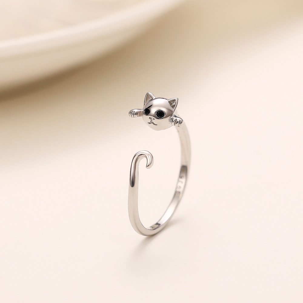 Cute 925 Sterling Silver Cat Ring Chic Ladies Opening Adjustable Rings ...