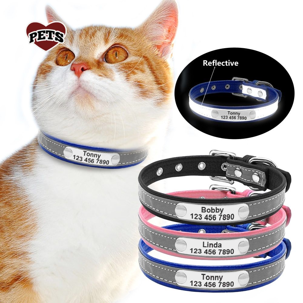 Personalized Cat Collar Leather Reflectieve Cat ID Collar Dog Collars ...