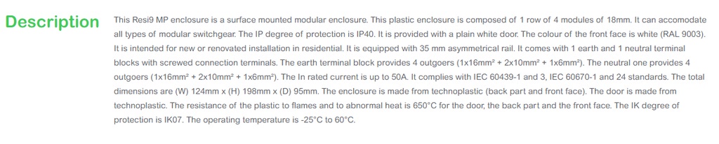 Schneider Enclosure Resi9 MP Surface 1 Row of 4 Modules IP40 (MIP12104 ...