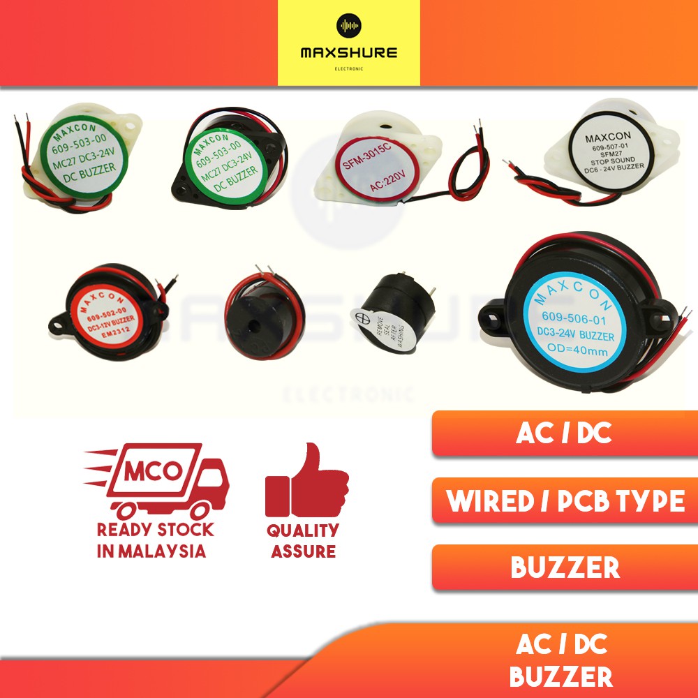[MaxShure] 12mm ~ 40mm Buzzer AC DC Continuous Stop Sound Wired & PCB ...