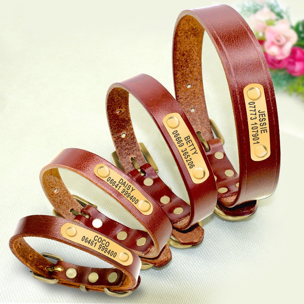 Personalized Real Leather Dog Collars Customized Name ID Tag Rottweiler ...