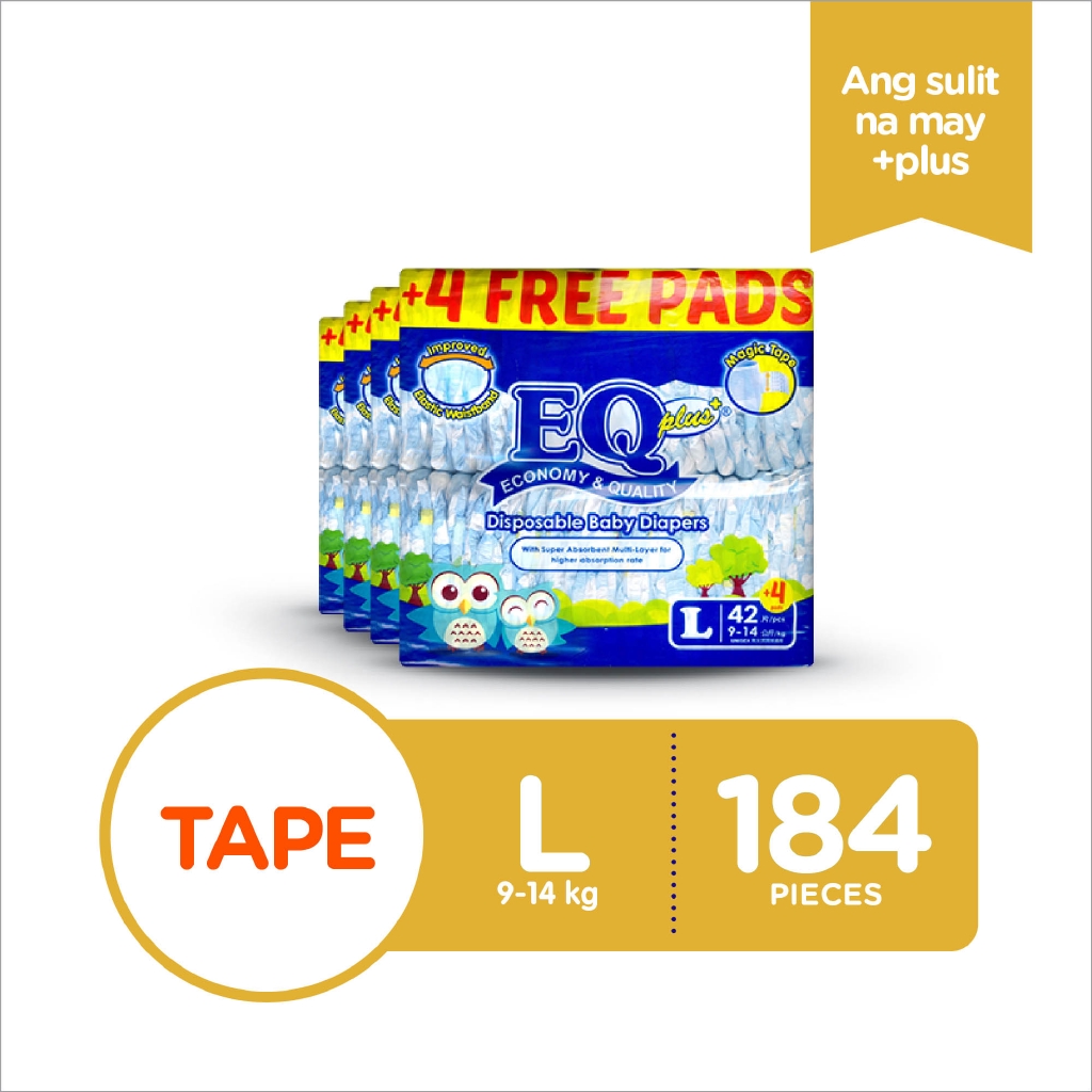 EQ Plus Jumbo Pack Large 46's x 4 packs (184 pcs) - Tape Baby Diapers ...