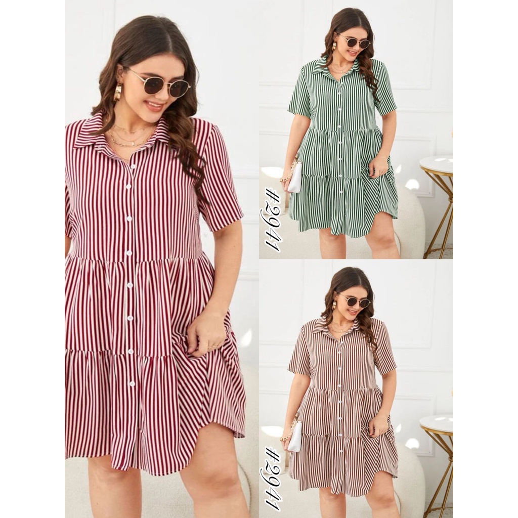 FF Plus Size Vetical Striped Button Front Ruffle Hem Smock Dress #2941 ...