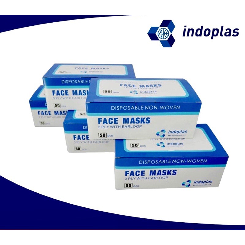 5 Boxes, Indoplas Disposable Face Mask 3-Ply with Earloop - Excellent ...