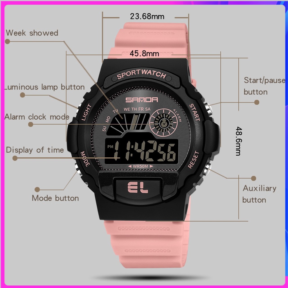 SANDA Waterproof Fashion Electronic Ladies Watch Pink Black | Shopee ...