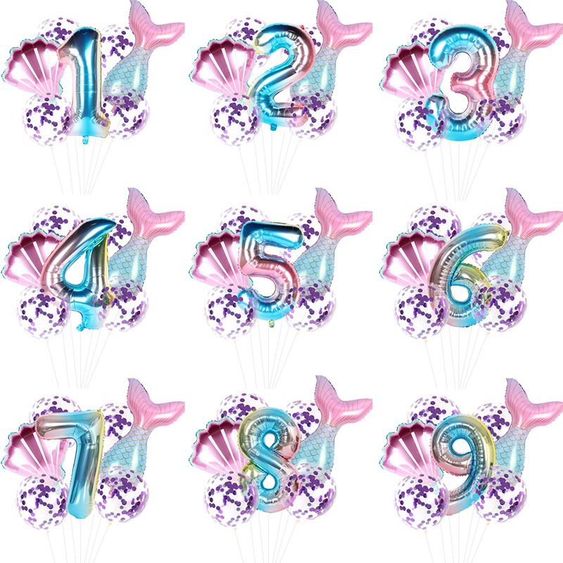 7pcs/lot Mermaid Balloons Party Number Foil Balloon Happy Birthday ...