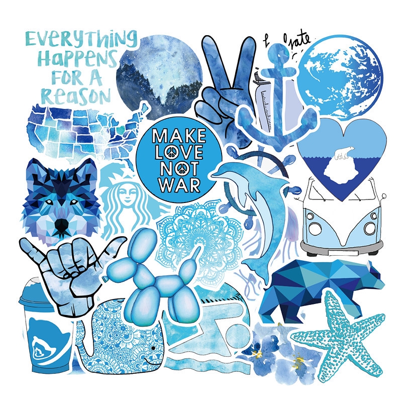 50pcs Cute Blue Glossy Theme Stickers Vsco Aesthetic Sticker Vinyl Cute ...