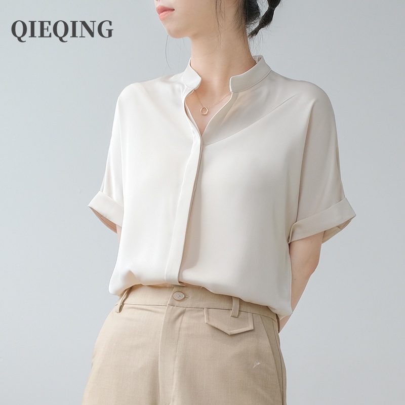 QIEQING upscale Acetate satin short sleeve blouse for women Temperament ...