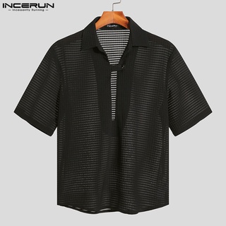 INCERUN Mens Short Sleeve See Through Mesh Collared Solid Deep V Polo ...