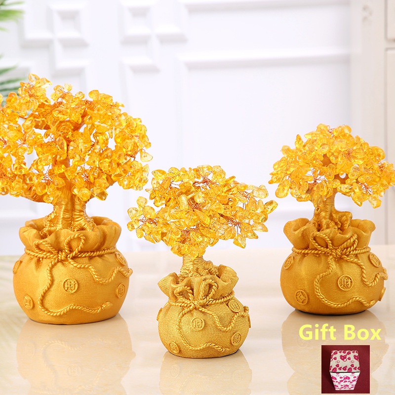 Fortune Tree Decoration Crystal Golden Money Tree Ornament Desktop ...