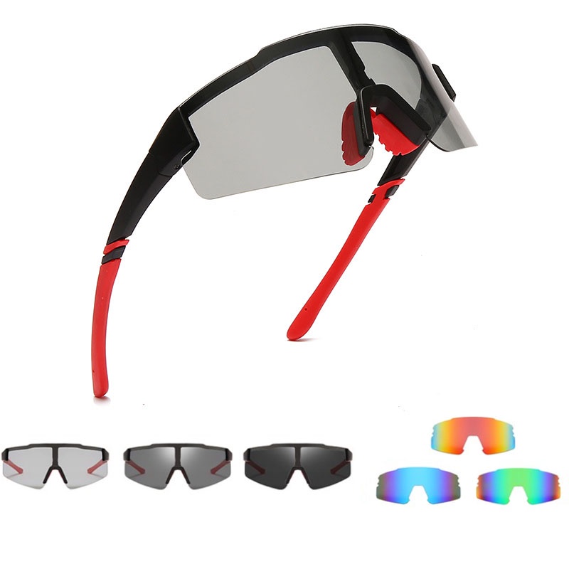 With 2 Lenses Hlaf Frame Polarized Photochromic Cycling Sunglasses Men