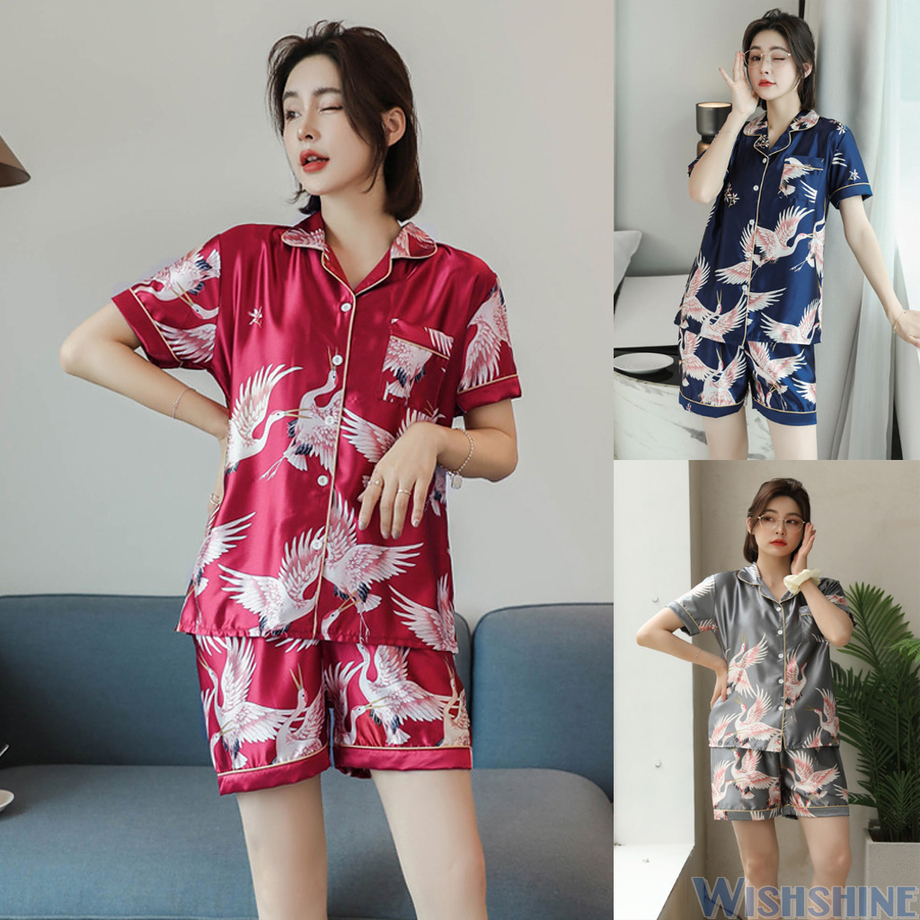 Women Plus Size M-5XL Baju Tidur Silk Satin Pyjamas Set Short Sleeve ...