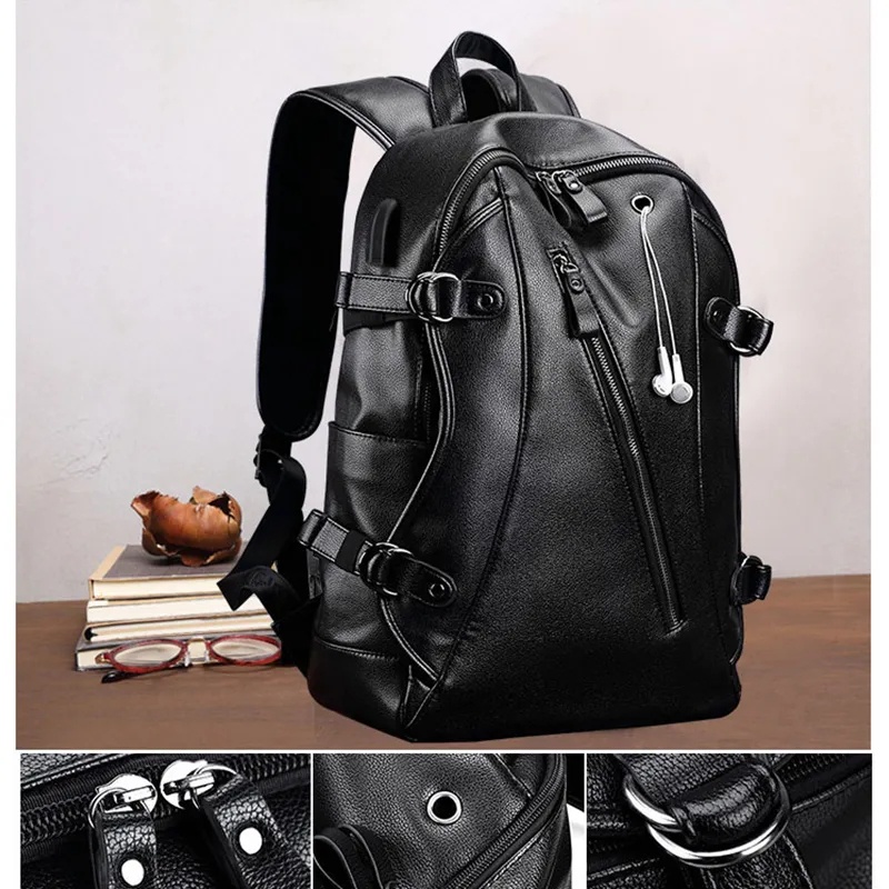 Men's black pu leather backpack Large capacity high school student ...