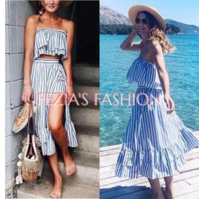 Eliza Marimar Ruffle Tube Mini Crop Top Flowy Skirt Boho Casual Outfit ...