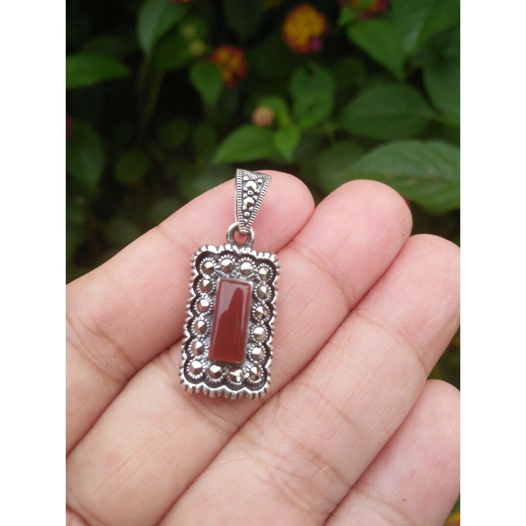 NATURAL Red AGATE & MARCASITE STERLING 925 SILVER PENDANT Antique ...