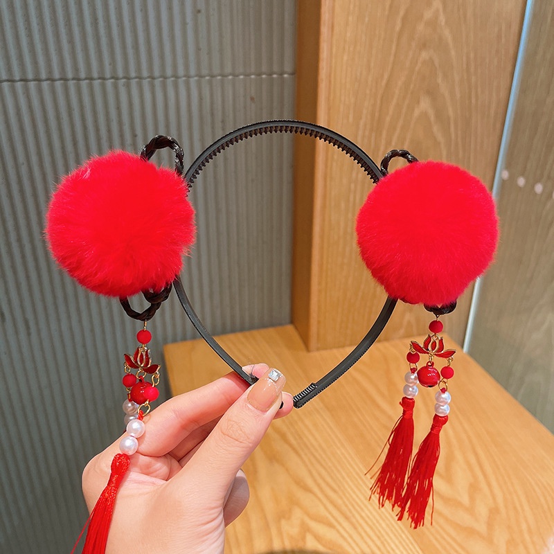 New Year children's wig braid headband Chinese style red Hanfu tie ...