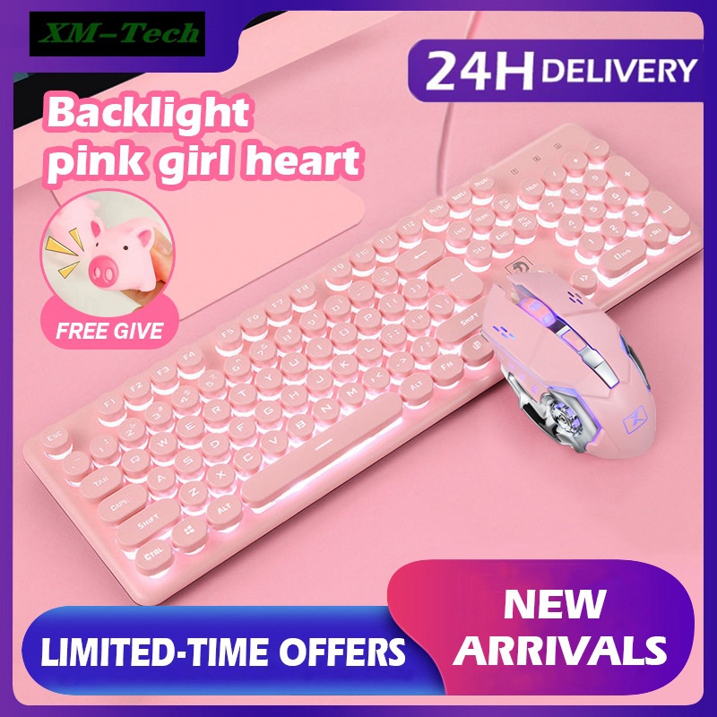 【XMT】Mechanical touch keyboard mouse set for girls cute wired silent ...