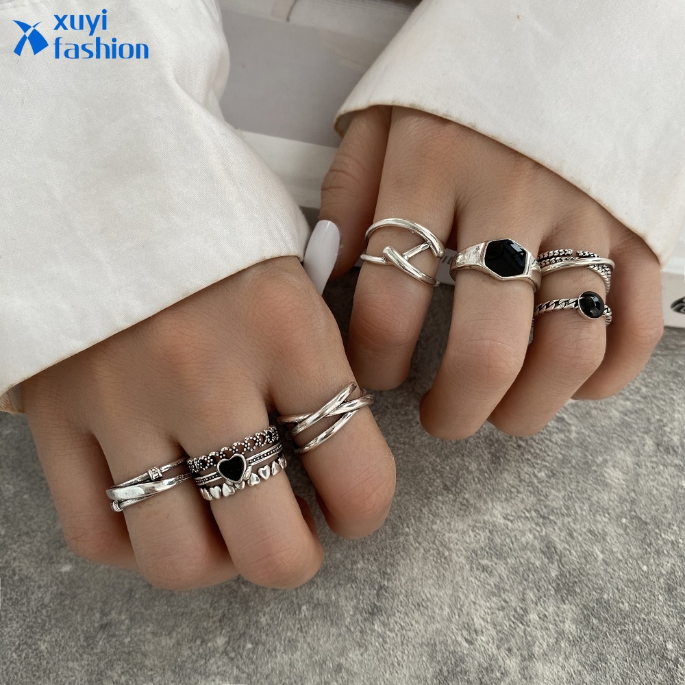 7Pcs/set Retro Heart Cross Ring Set Personalized Black Gem Sliver Rings ...