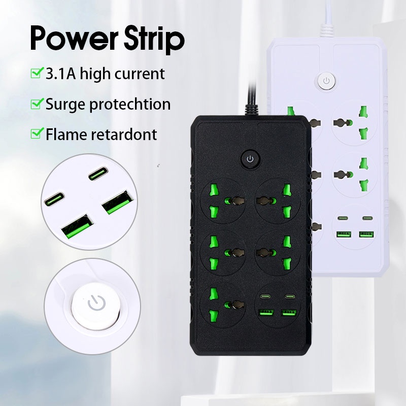 2/5M Power Socket Extension 5 AC Outlet 2 Type-C+2 USB Power Strip ...