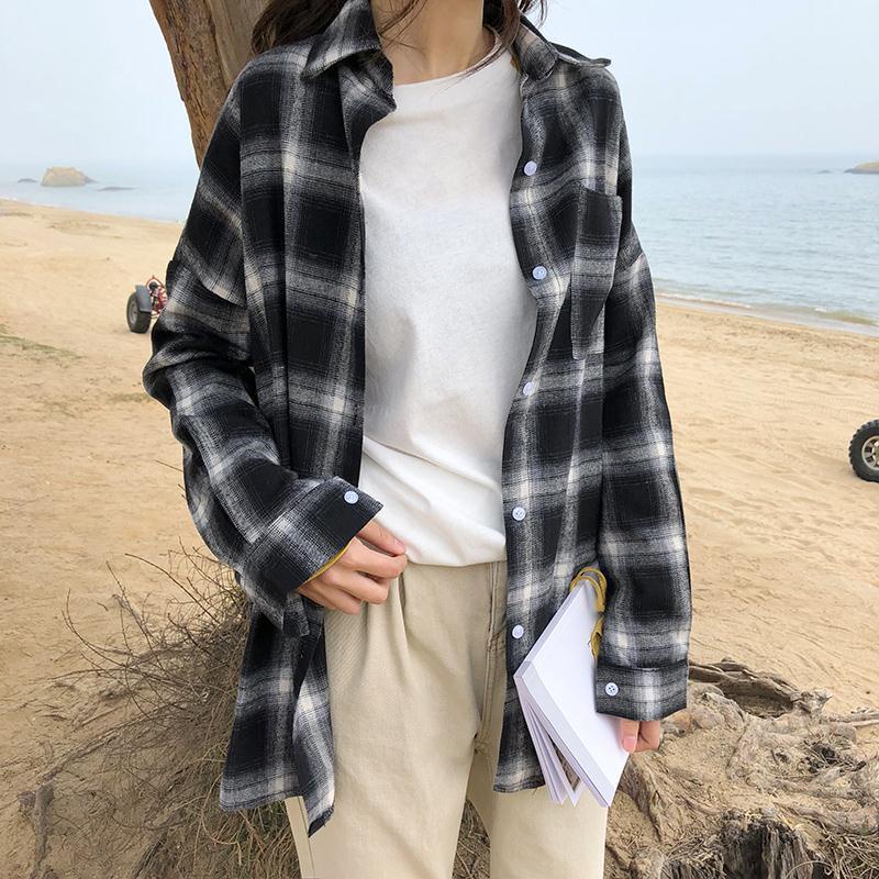 Checkered Long Polo Long Sleeve For Women Korean Plaid Oversize Blouse