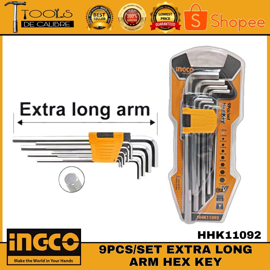 INGCO Hex Key Extra Long Arm 9PCS/SET CR-V (HHK11092) | Shopee Philippines