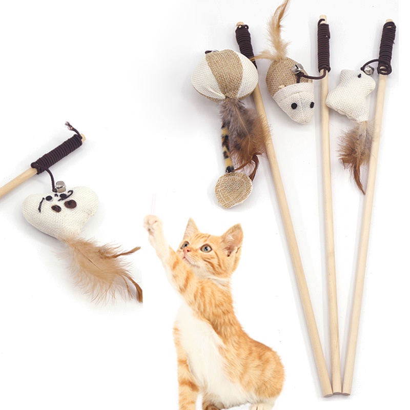 Wooden Feather Tea Toy Cartoon Cat Pole Toy Pole With Mini Bell Cat ...