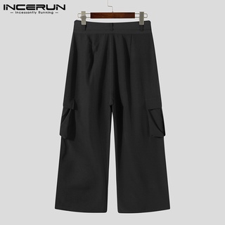 INCERUN Men Black Fashion Casual With Long Belt Loose Wide Leg Long ...