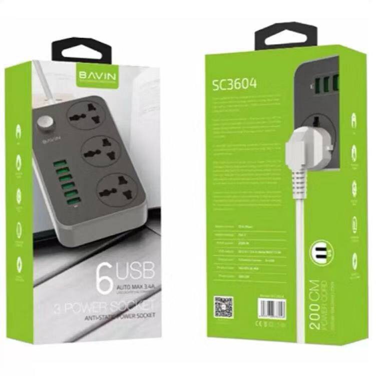 BAVIN 3.4A Wire Extension With 3 Power Socket & 6 USB Port SC-3604 ...