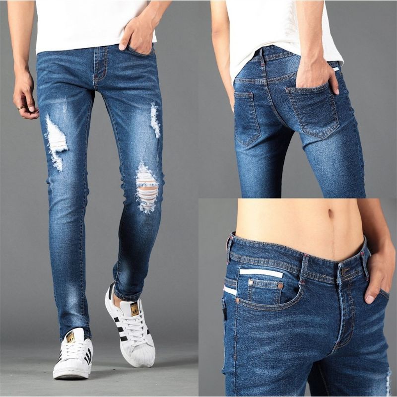 Tattered Ripped Hard Denim Pants Men's Casual Attire Skinny Jeans For ...