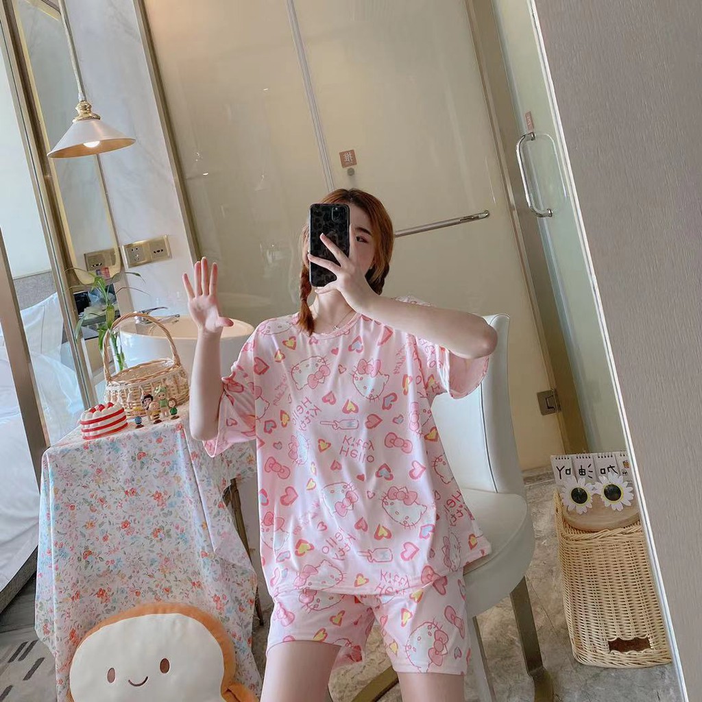 terno short sleepwear fashion ladies hello-kitty leopard strectable ...