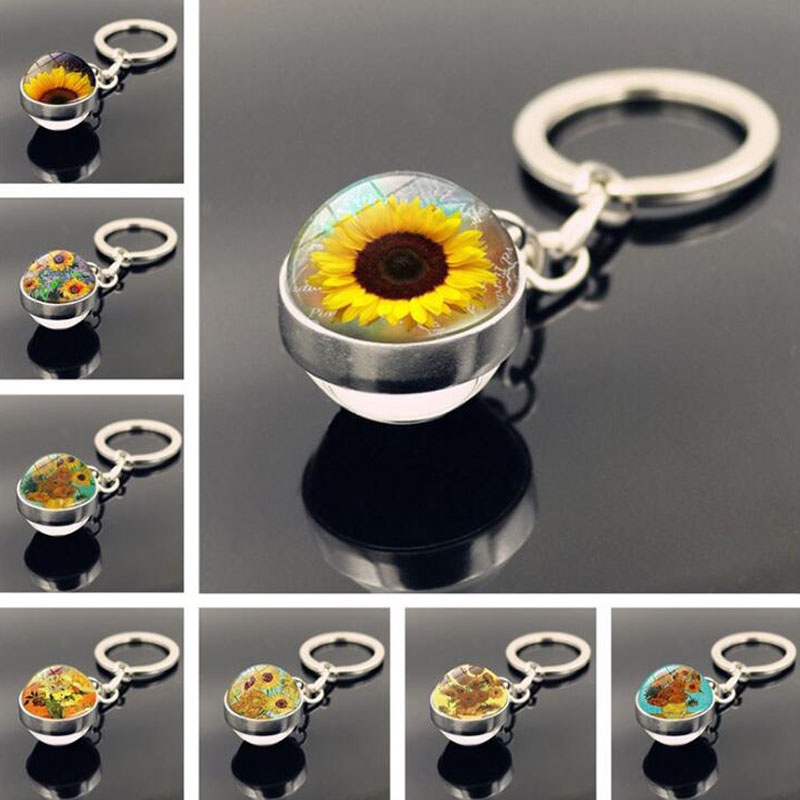 1pc Sunflower Keychain Pendant Cabochon Double-sided Crystal Glass Ball ...