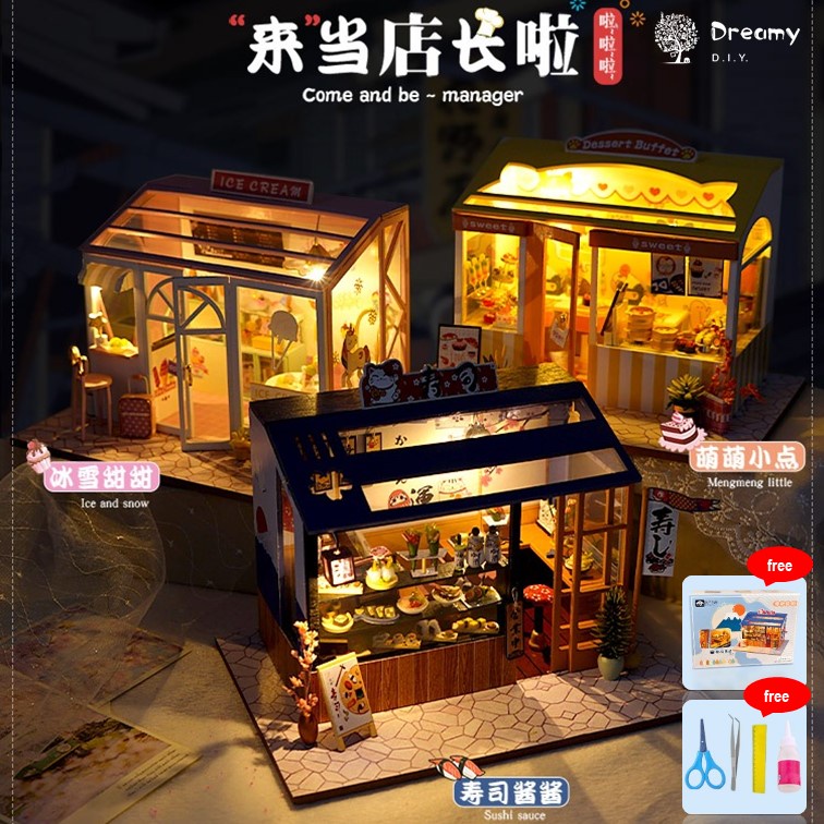 DIY Miniature Mini Shop Dollhouse Kit with LED light (Sushi / Cake ...