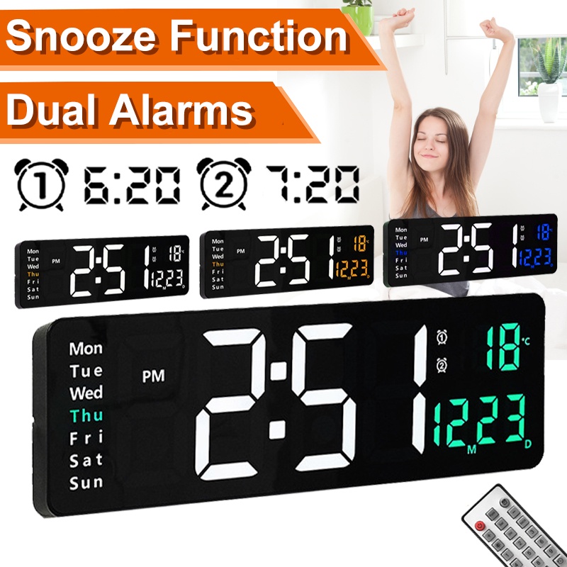 Large Digital Wall Clock Wall Mounted Dual Alarms LED Clocks Remote Control Temp Date Week ...