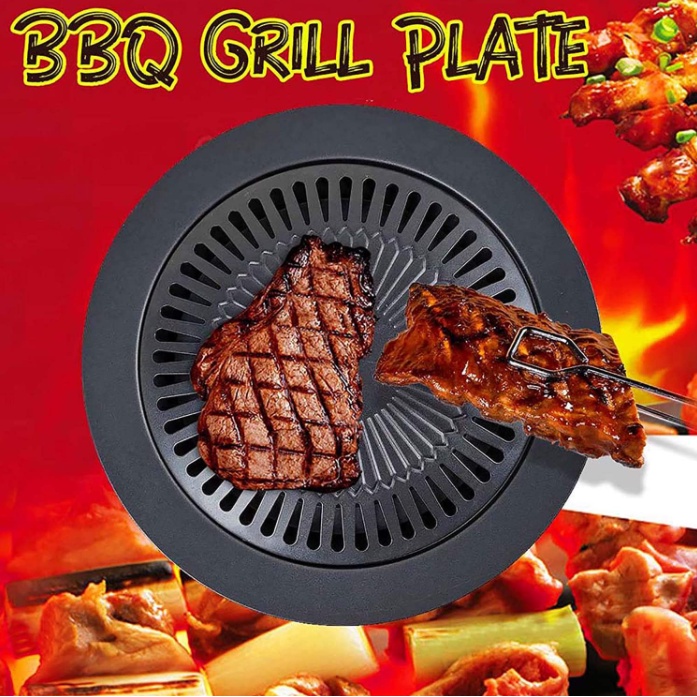 Iron BBQ Grill Pan Korean Meat Roast BBQ Grill Plate With Holder Non ...