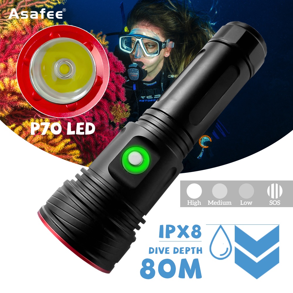 Asafee AF07D P70 LED 2400LM Diving Flashlight Torch 80M Underwater ...