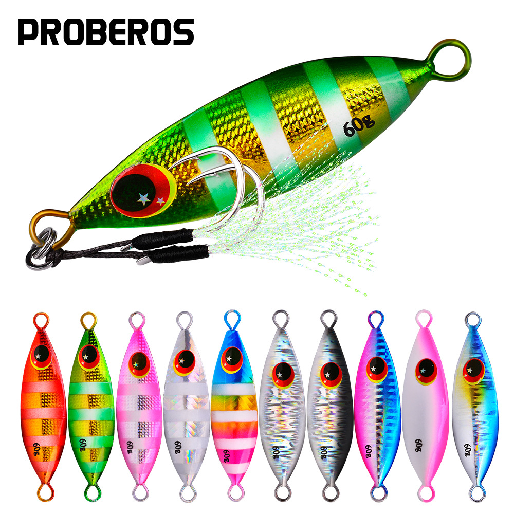 Proberos Metal Jig Sinking Lure 10g 20g 30g 40g 60g With Double Assist Hook Jigging Fishing ...