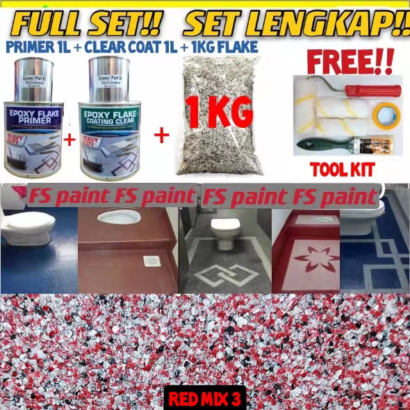 ( RED MIX 3 ) Full Set Epoxy Colour Flake Coating ( 1KG FLAKE / 1L ...